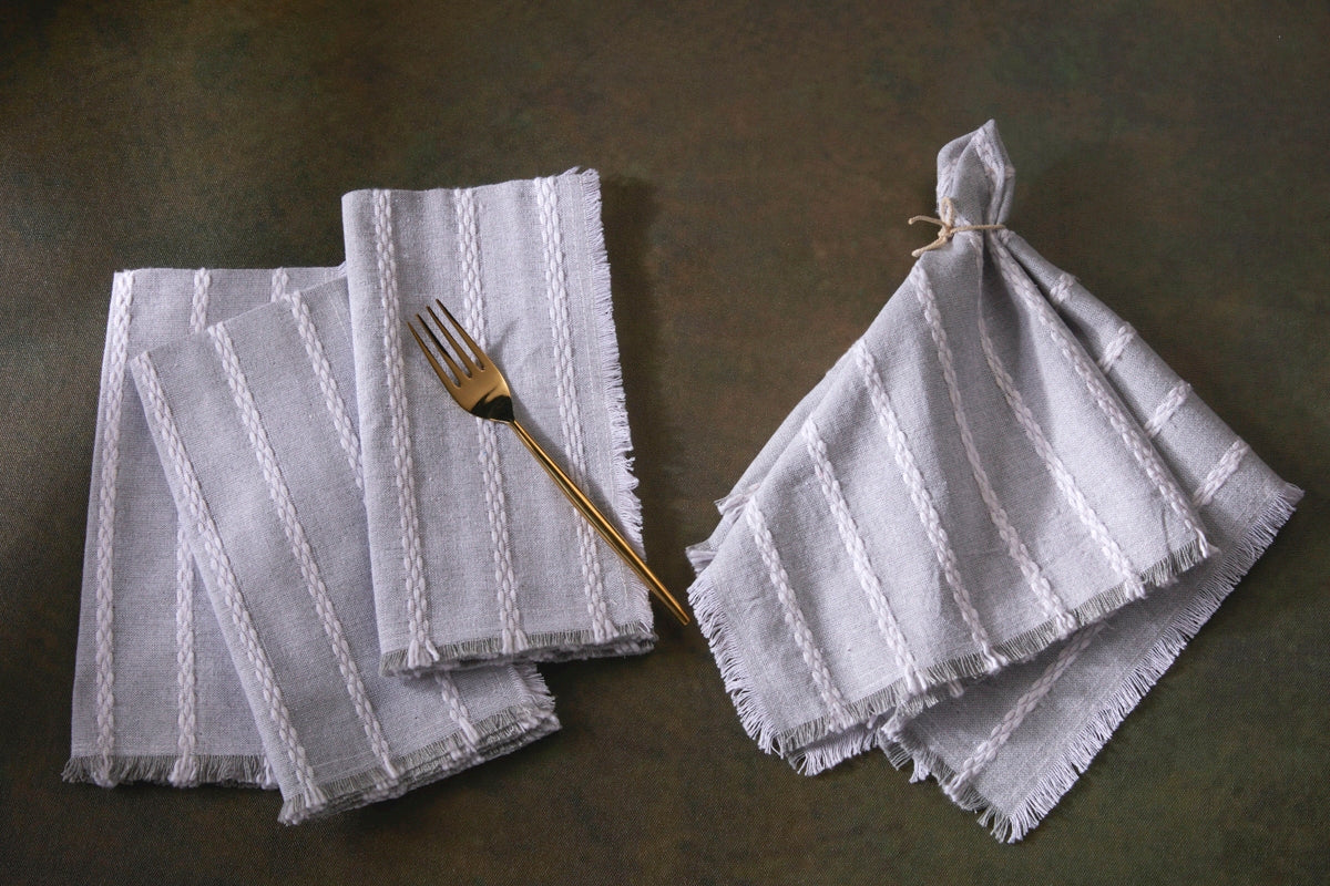 Dobby Stripe Fringe Napkins - Set of 4 Napkins - 100% Cotton - Grey