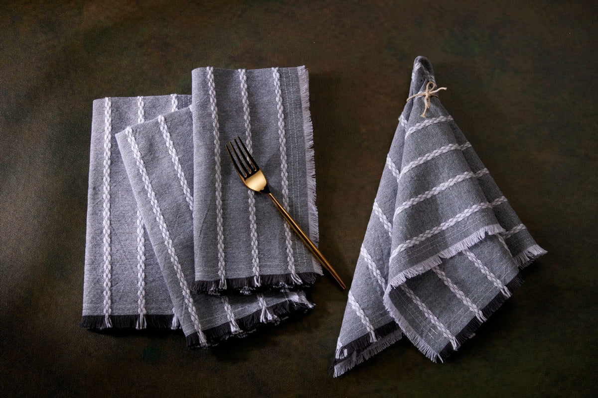 Dobby Stripe Fringe Napkins - Set of 4 Napkins - 100% Cotton - Steel