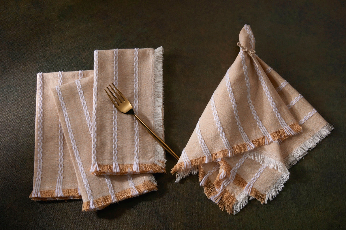 Dobby Stripe Fringe Napkins - Set of 4 Napkins - 100% Cotton - Tan
