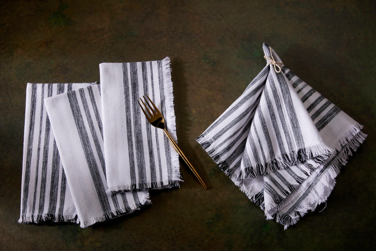 Variegated Stripe Fringe Napkin - Set of 4 Napkins - 100% Cotton - Bla