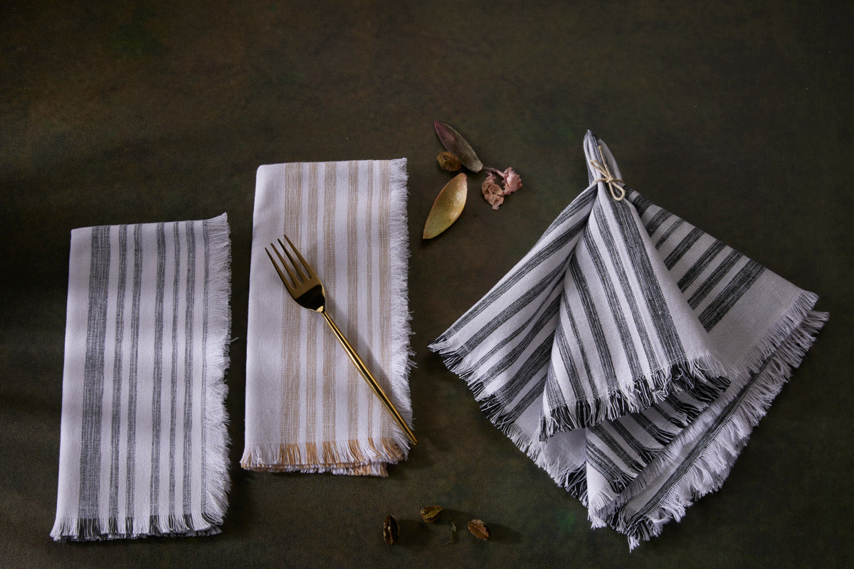 Variegated Stripe Fringe Napkin - Set of 4 Napkins - 100% Cotton - Bla